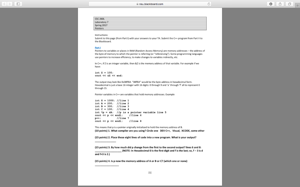 Solved ーnsu.blackboard.com CSC 260 Laboratory 7 Spring 2017 | Chegg.com