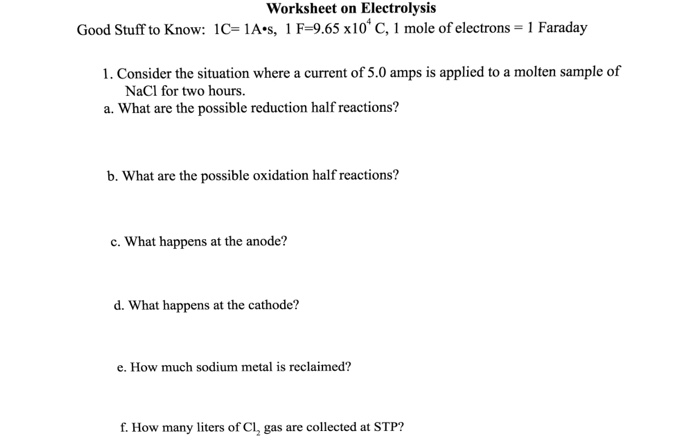 Solved Worksheet on Electrolysis Good Stuff to Know: 1C 1A | Chegg.com
