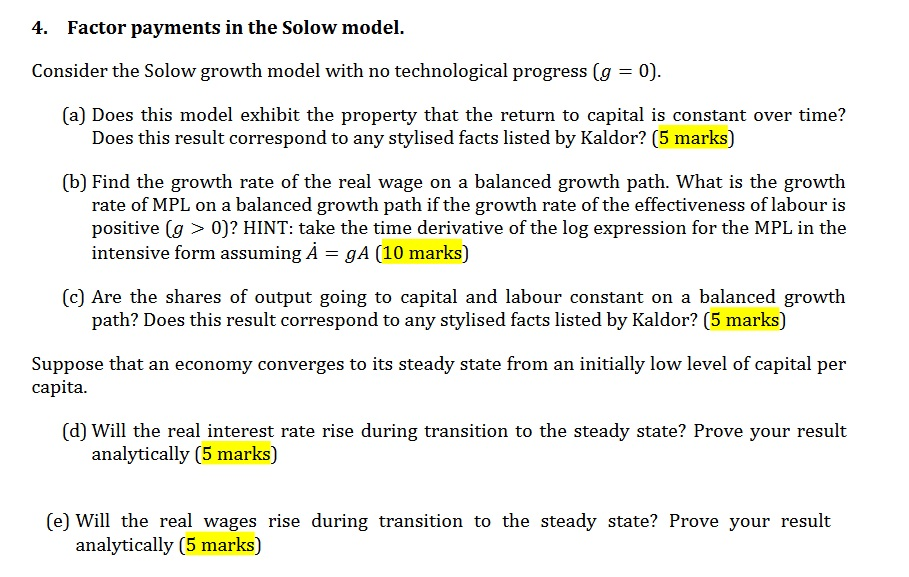 Solved 4. Factor payments in the Solow model Consider the | Chegg.com