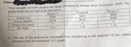 Solved Three mutually exclusive projects are being | Chegg.com