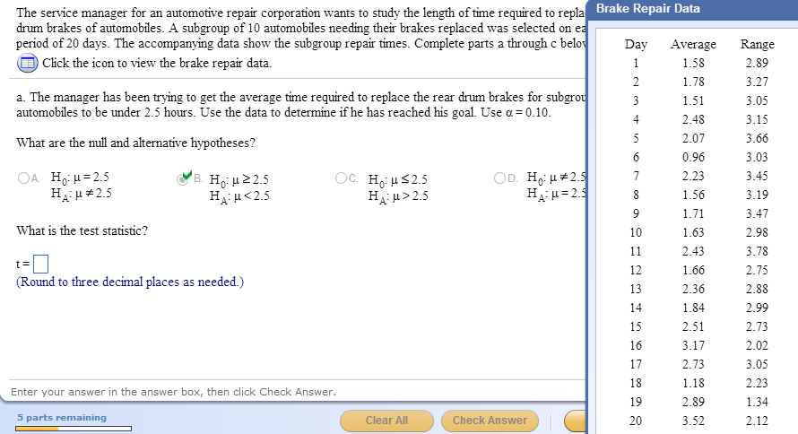 Solved The service manager for an automotive repair | Chegg.com