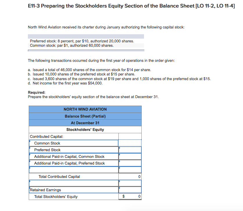 Solved E11-3 Preparing the Stockholders Equity Section of | Chegg.com