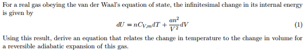 For a real gas obeying the van tier Waal's equation | Chegg.com