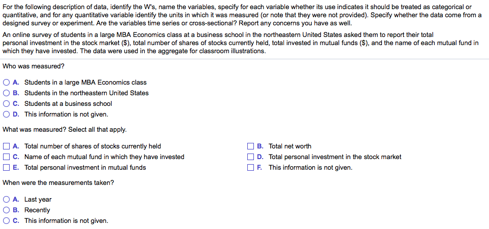 Solved For the following description of data, identify the | Chegg.com