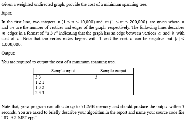Solved Given a weighted undirected graph, provide the cost | Chegg.com