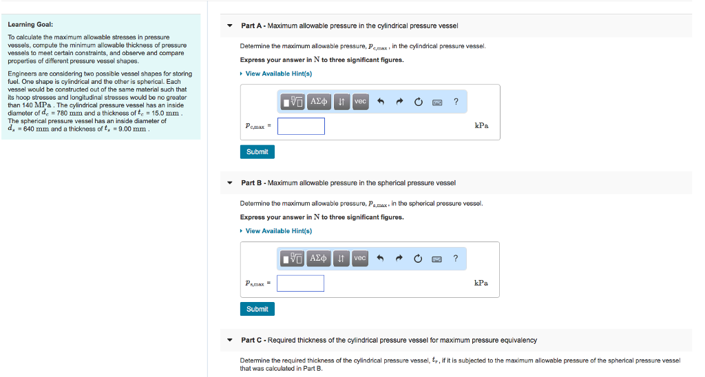 Solved Learning Goal: Part A - Maximum allowable pressure in | Chegg.com