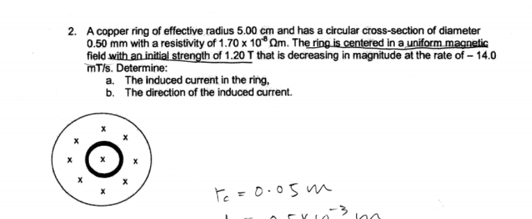 Solved A copper ring of effective radius 5.00 cm and has a | Chegg.com