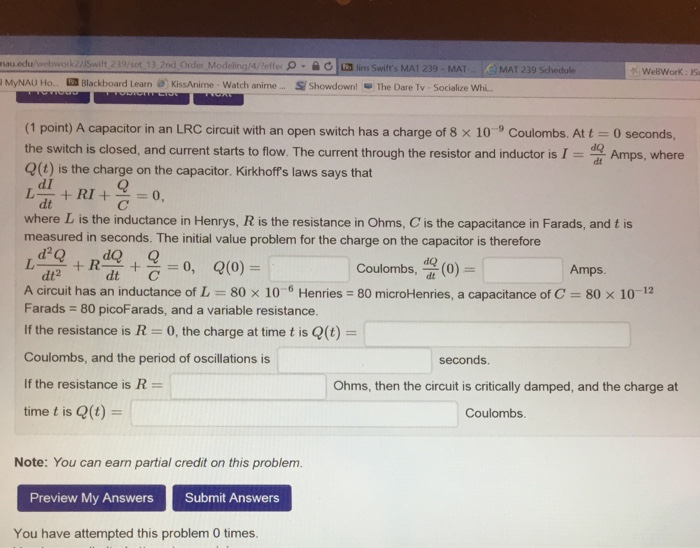 Solved A capacitor in an LRC circuit with an open switch has | Chegg.com