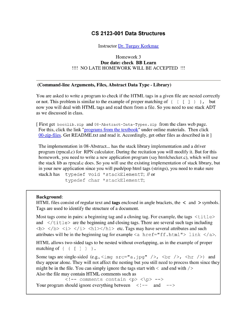 Solved CS 2123-001 Data Structures Instructor Dr. Turgay | Chegg.com