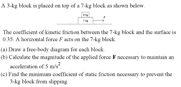 Solved A 3 kg block is placed on top of a 7 kg block as | Chegg.com