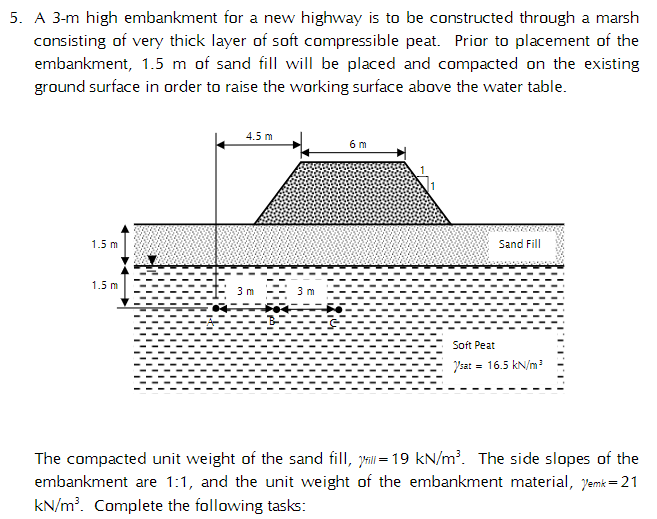 Solved 5. A 3-m high embankment for a new highway is to be | Chegg.com