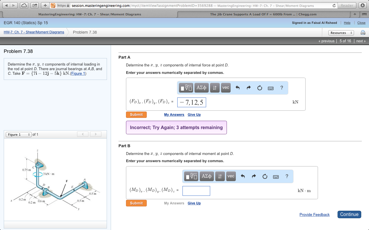 Determine the x, y, z components of internal loading | Chegg.com