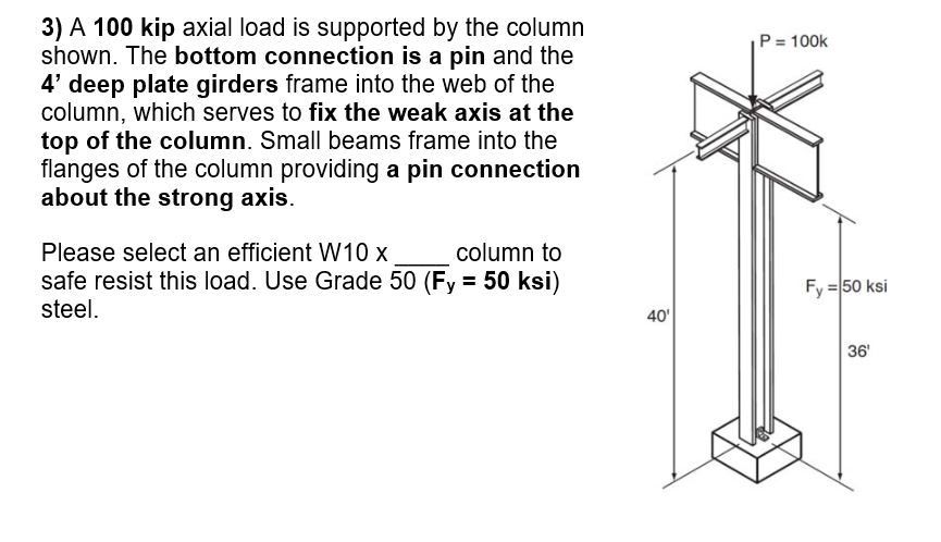 Solved 3) A 100 kip axial load is supported by the column | Chegg.com