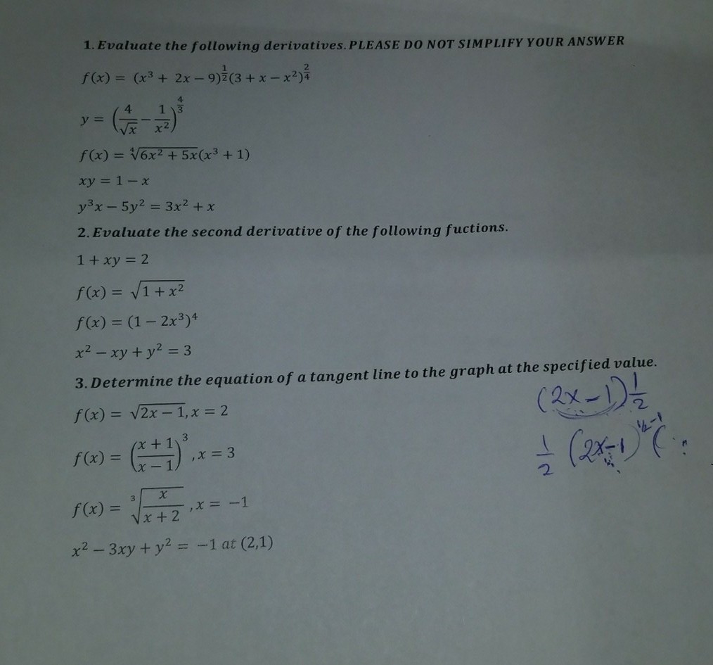 Solved 1. Evaluate the following derivatives. PLEASE DO NOT | Chegg.com