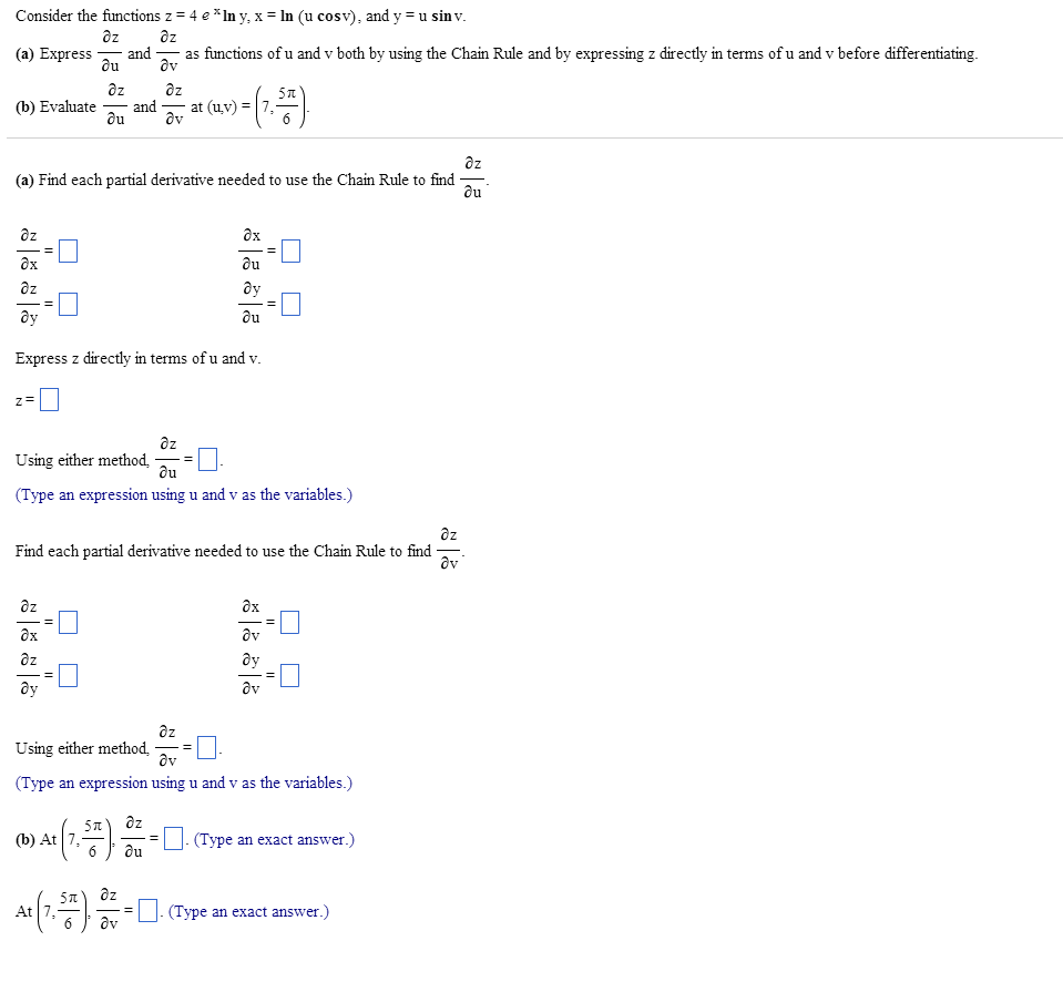Solved Consider the functions z = 4 e^x ln y, x = ln (u cos | Chegg.com