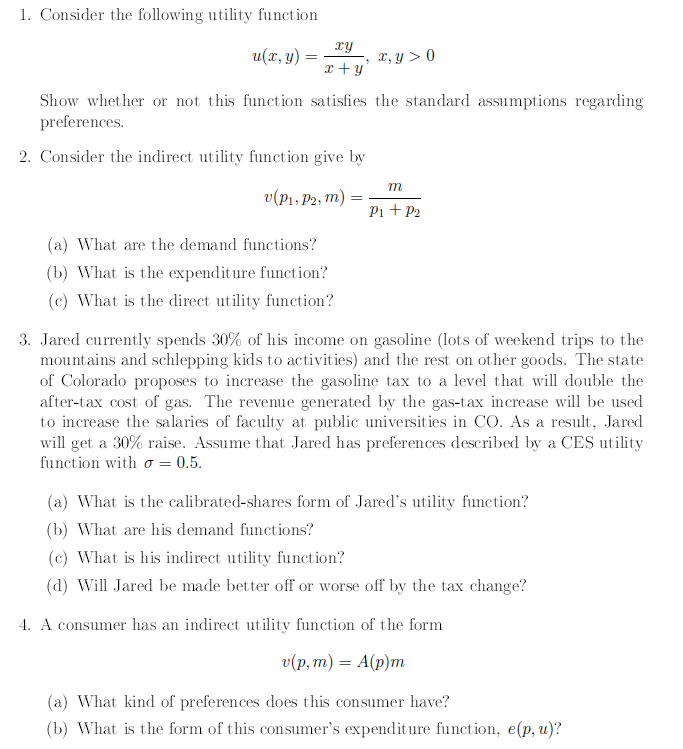 Solved 1. Consider the following utility function u(x, y) = | Chegg.com