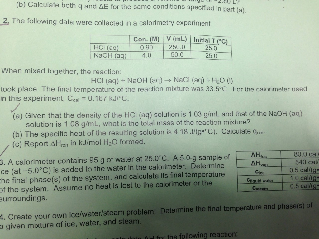 Solved The following data were collected in a calorimetry | Chegg.com