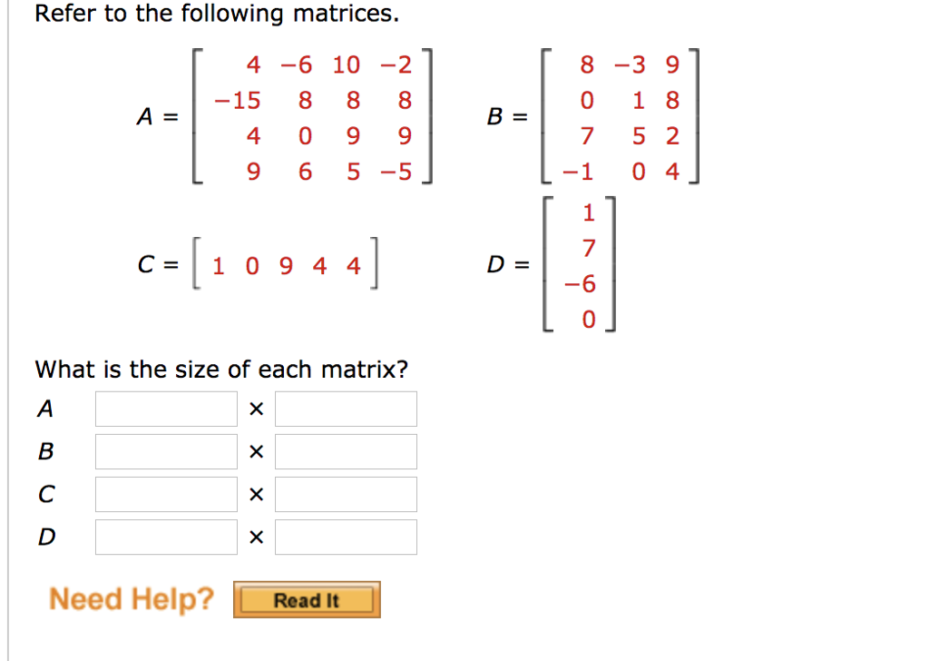 Solved Refer to the following matrices. 8-3 9 4 -6 10 -2 -15 | Chegg.com