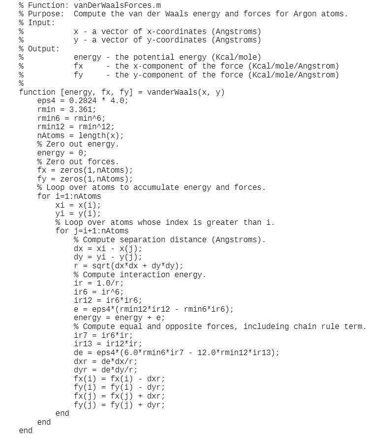 Solved Function vanDerWaalsForces.m Purpose Compute the van | Chegg.com
