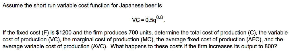 Solved Assume the short run variable cost function for | Chegg.com