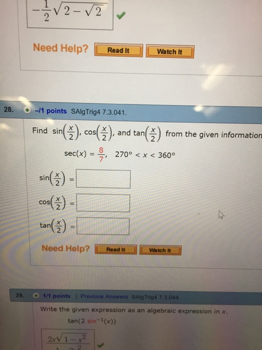 Solved Find sin (x/2), cos (x/2), and then (x/2) from the | Chegg.com