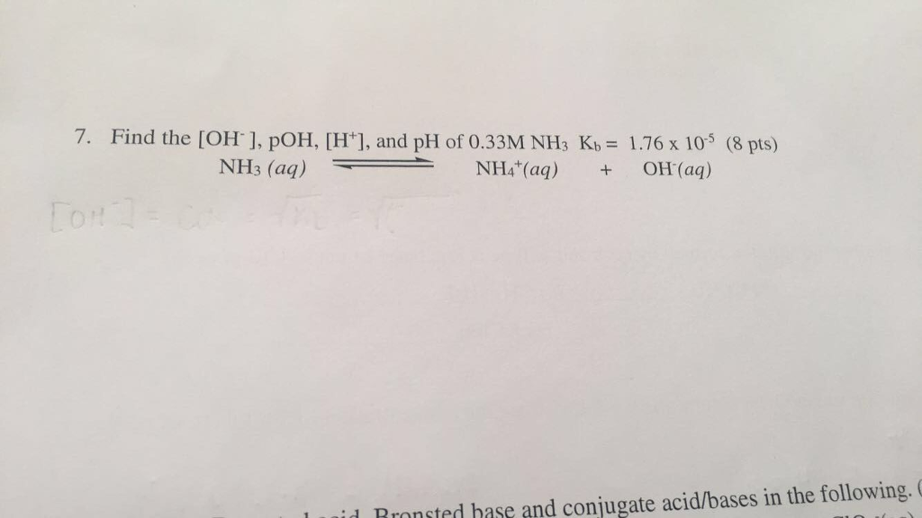 Solved 7. Find the [OH ], poH, [H ], and pH of 0.33M NH3 Kb | Chegg.com
