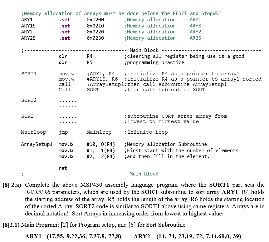 Complete the above MSP430 assembly language program | Chegg.com