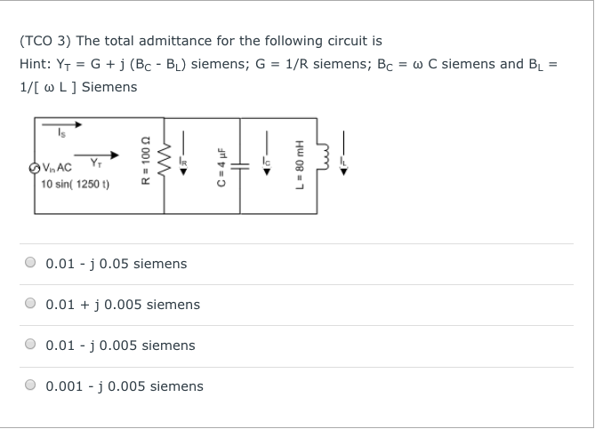 Solved (TCO 3) The total admittance for the following | Chegg.com