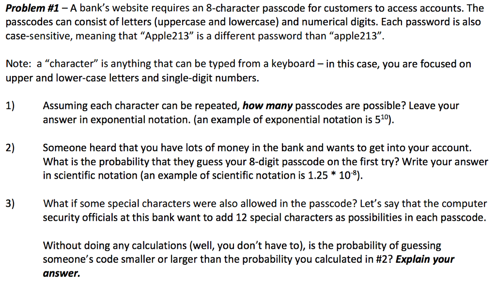 Solved A bank's website requires an 8-character passcode for | Chegg.com