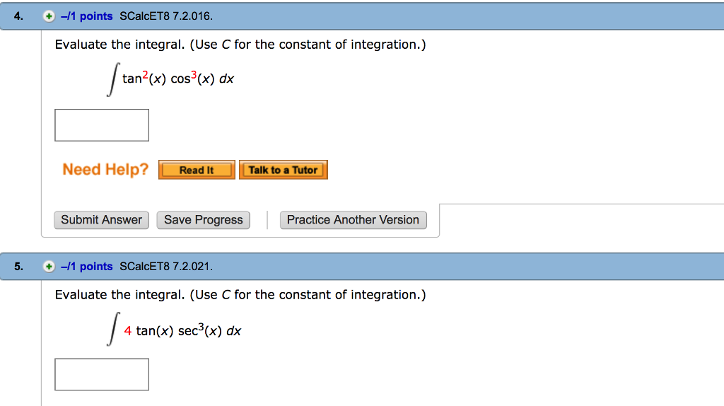 Solved 4. -/1 points SCalcET8 7.2.016 Evaluate the integral. | Chegg.com