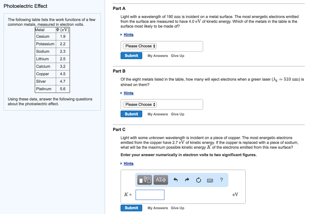 Solved Photoelectric Effect Part A The following table lists | Chegg.com
