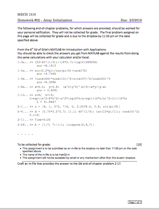 MECH 1310 Homework #02-Array Initialization Due: | Chegg.com