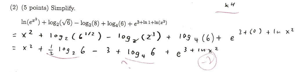 Solved (2) (5 points) Simplify. In(e) + loga(6) log2(8) + | Chegg.com