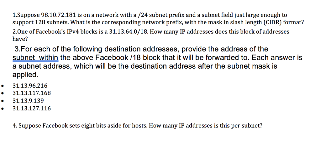 Solved 1.Suppose 98.10.72.181 is on a network with a /24 | Chegg.com