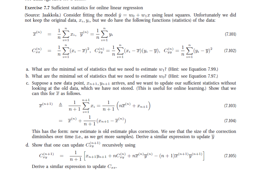 Solved Exercise 7.7 Sufficient statistics for online linear | Chegg.com