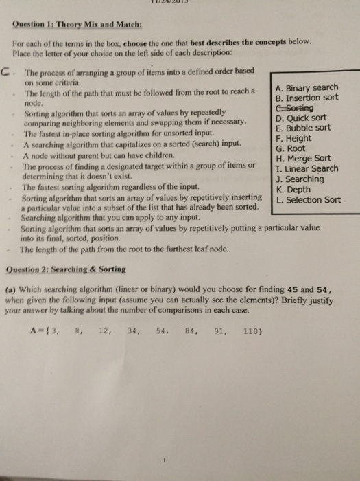 Solved Question 1: Theory Mix and Match For each of the | Chegg.com