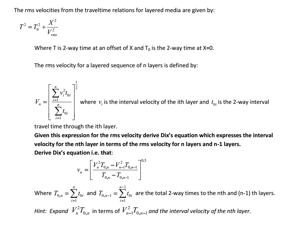 Solved The rms velocities from the traveltime relations for | Chegg.com
