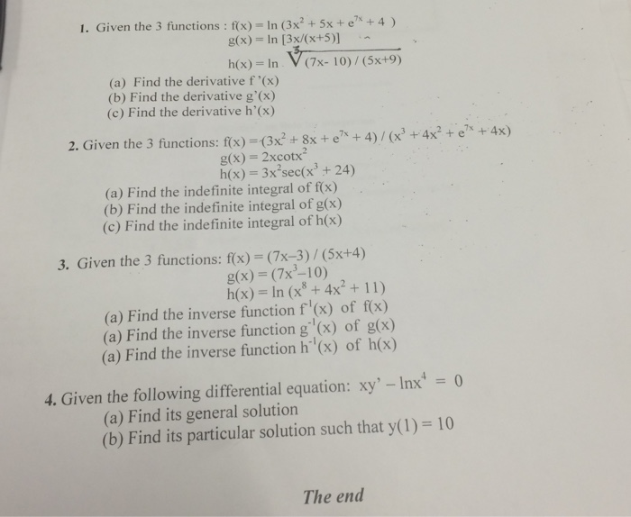 Solved Given the 3 functions: f(x) = In (3x^2 + 5x + e^7x + | Chegg.com