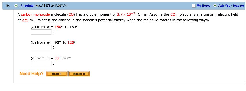 Solved A carbon monoxide molecule (CO) has a dipole moment | Chegg.com