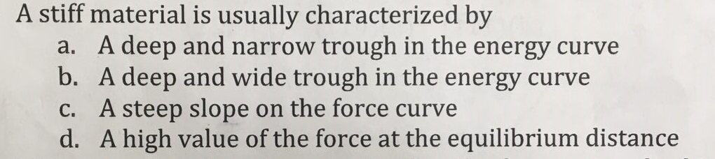 Solved A stiff material is usually characterized by a. A | Chegg.com