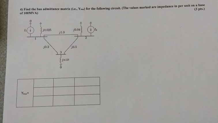 Solved 4) Find the bus admittance matrix (i.e, Ybe) for the | Chegg.com