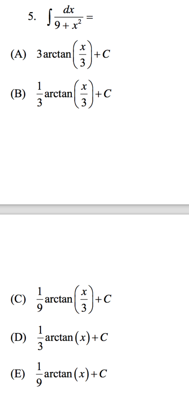 Solved integral dx/9+x^2= 3 arctan (x/3)+C 1/3 arctan | Chegg.com