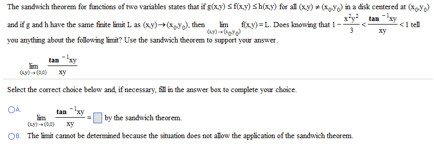 Solved The sandwich theorem for functions of two variables | Chegg.com