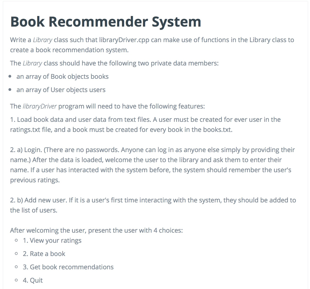Book Recommender System Write a Library class such | Chegg.com