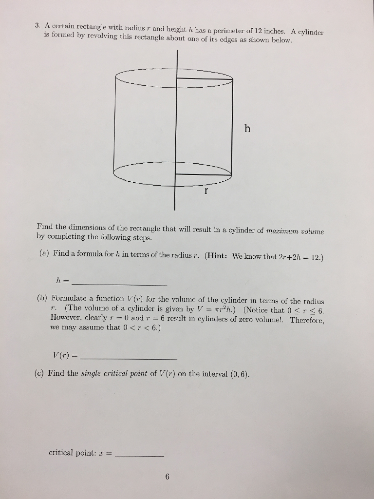 Solved 3. A certain rectangle with radius r and height h has | Chegg.com