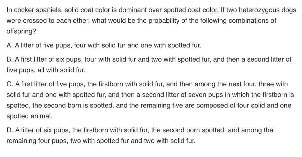 Solved In cocker spaniels, solid coat color is dominant over | Chegg.com