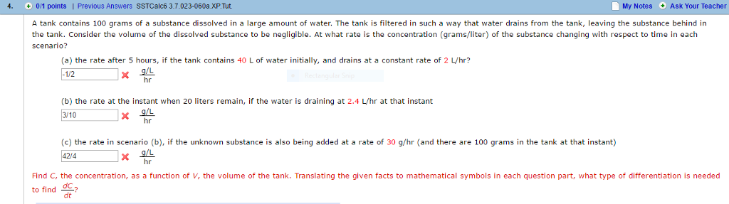 Solved A tank contains 100 grams of a substance dissolved in | Chegg.com