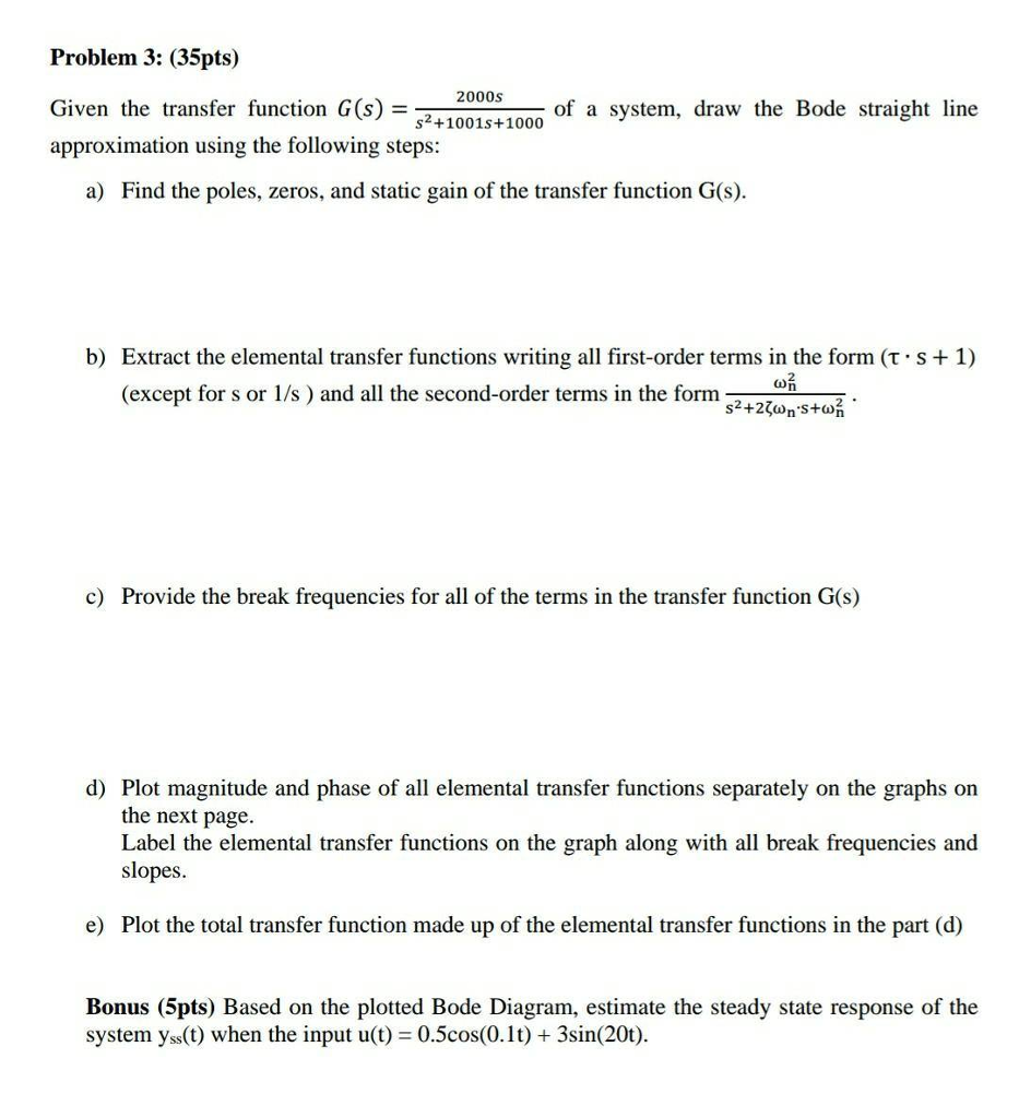 Solved Problem 3: (35pts) Given the transfer function G(s)= | Chegg.com