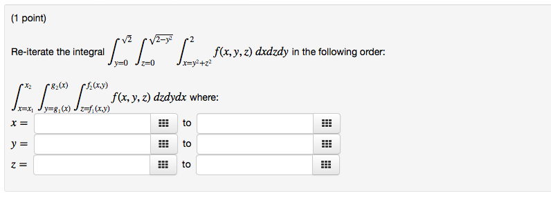Solved 1 point) · 阿 Re-iterate the integral f(x, y, z) | Chegg.com