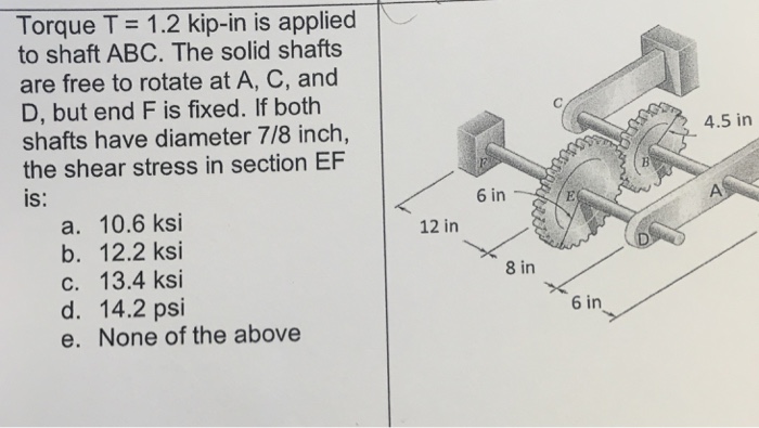 Solved Torque T= 1.2 kip-in is applied to shaft ABC. The | Chegg.com